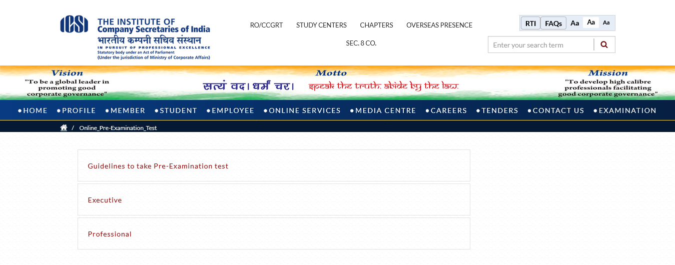 ICSI Requirements for Pre-Examination Test and Programme